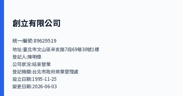 創立有限公司的照片-統編 89629519(臺北市) 公司登記資料與營業項目詳細圖表