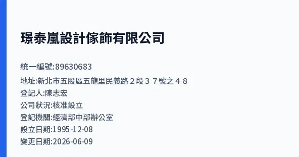 璟泰嵐設計傢飾有限公司的照片-統編 89630683(新北市) 公司登記資料與營業項目詳細圖表