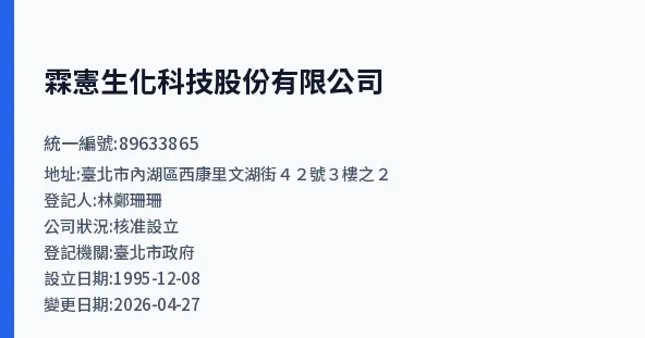 霖憲生化科技股份有限公司的照片-統編 89633865(臺北市) 公司登記資料與營業項目詳細圖表