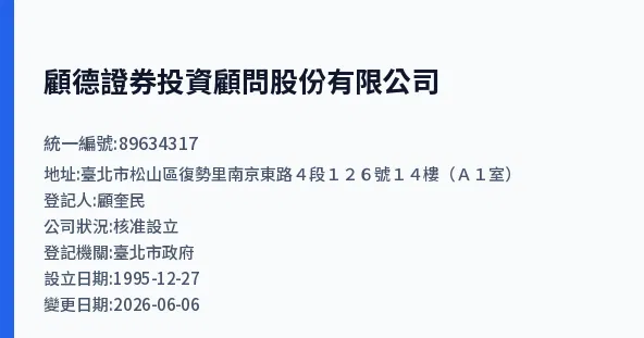 顧德證券投資顧問股份有限公司的照片-統編 89634317(臺北市) 公司登記資料與營業項目詳細圖表