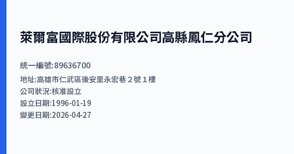 萊爾富國際股份有限公司高縣鳳仁分公司的照片-統編 89636700(高雄市) 公司登記資料與營業項目詳細圖表