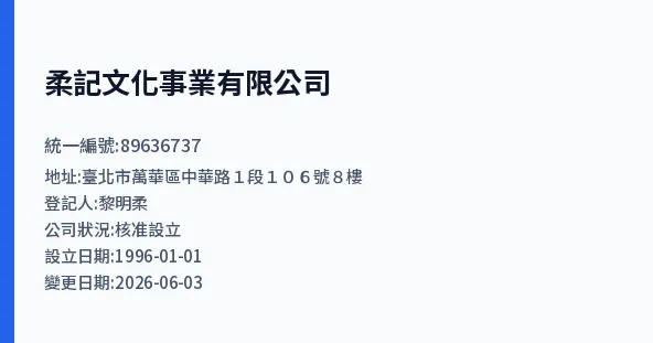 柔記文化事業有限公司的照片-統編 89636737(臺北市) 公司登記資料與營業項目詳細圖表