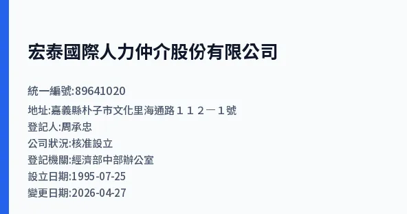 宏泰國際人力仲介股份有限公司的照片-統編 89641020(嘉義縣) 公司登記資料與營業項目詳細圖表
