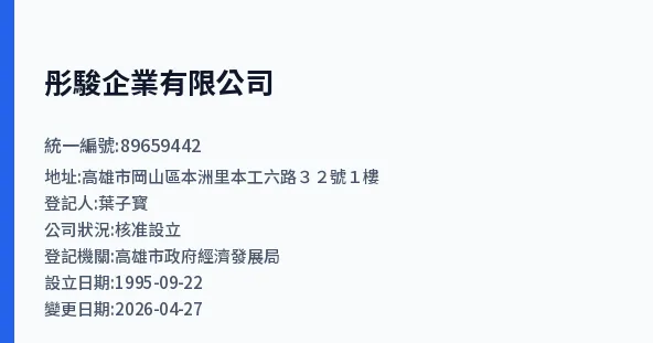 彤駿企業有限公司的照片-統編 89659442(高雄市) 公司登記資料與營業項目詳細圖表