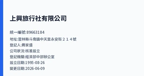 上興旅行社有限公司的照片-統編 89663184(雲林縣) 公司登記資料與營業項目詳細圖表