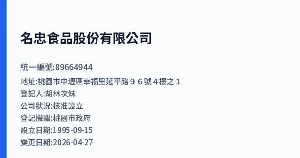 名忠食品股份有限公司的照片-統編 89664944(桃園市) 公司登記資料與營業項目詳細圖表