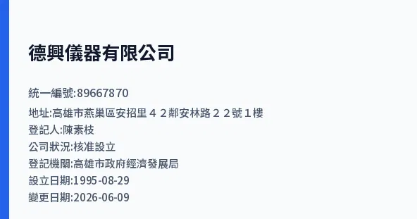 德興儀器有限公司的照片-統編 89667870(高雄市) 公司登記資料與營業項目詳細圖表