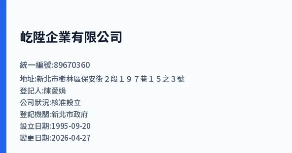 屹陞企業有限公司的照片-統編 89670360(新北市) 公司登記資料與營業項目詳細圖表