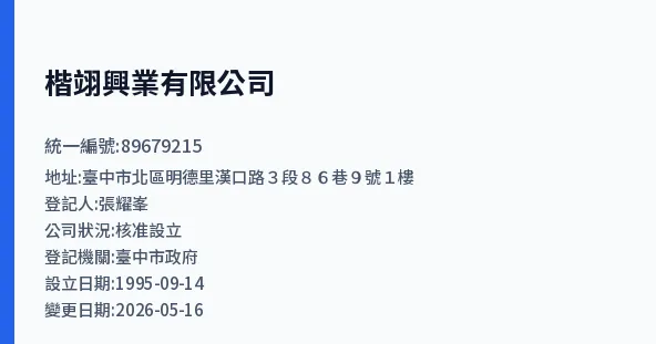 楷翊興業有限公司的照片-統編 89679215(臺中市) 公司登記資料與營業項目詳細圖表