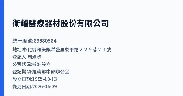 衛耀醫療器材股份有限公司的照片-統編 89680584(彰化縣) 公司登記資料與營業項目詳細圖表