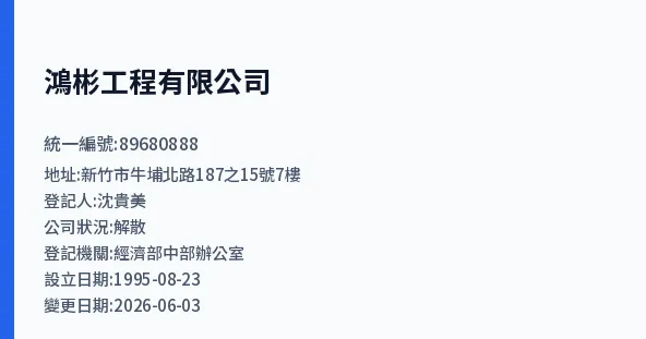 鴻彬工程有限公司的照片-統編 89680888(新竹縣) 公司登記資料與營業項目詳細圖表