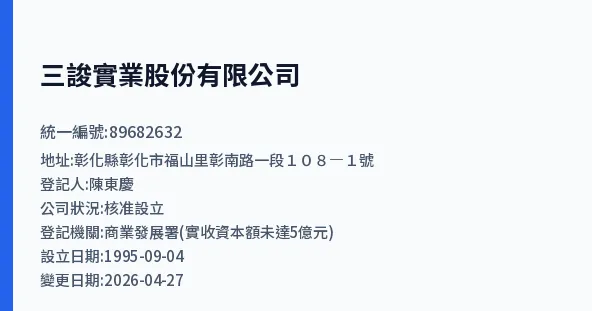 三誜實業股份有限公司的照片-統編 89682632(彰化縣) 公司登記資料與營業項目詳細圖表