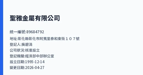 聖雅金屬有限公司的照片-統編 89684792(彰化縣) 公司登記資料與營業項目詳細圖表
