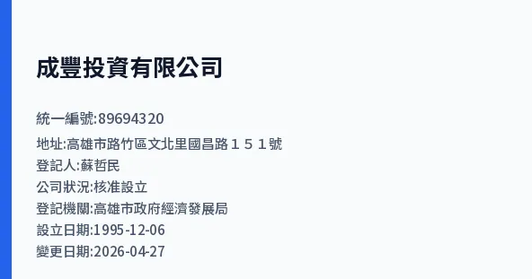 成豐投資有限公司的照片-統編 89694320(高雄市) 公司登記資料與營業項目詳細圖表