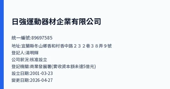 日強運動器材企業有限公司的照片-統編 89697585(宜蘭縣) 公司登記資料與營業項目詳細圖表