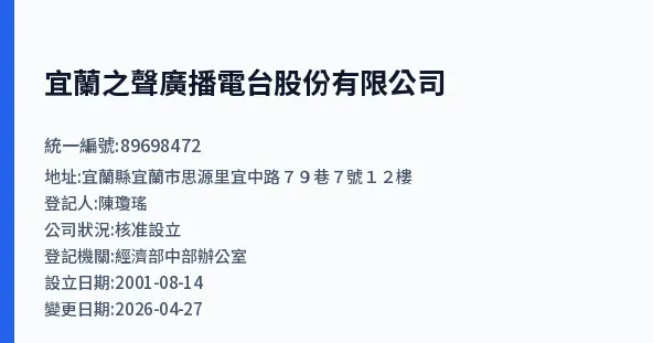 宜蘭之聲廣播電台股份有限公司的照片-統編 89698472(宜蘭縣) 公司登記資料與營業項目詳細圖表