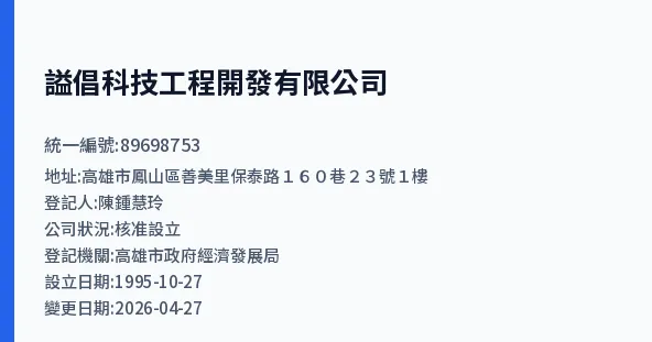 謚倡科技工程開發有限公司的照片-統編 89698753(高雄市) 公司登記資料與營業項目詳細圖表