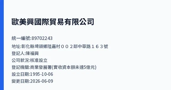 歐美興國際貿易有限公司的照片-統編 89702243(彰化縣) 公司登記資料與營業項目詳細圖表