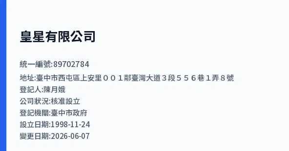 皇星有限公司的照片-統編 89702784(臺中市) 公司登記資料與營業項目詳細圖表