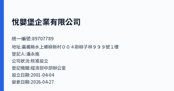 悅嬰堡企業有限公司的照片-統編 89707789(嘉義縣) 公司登記資料與營業項目詳細圖表