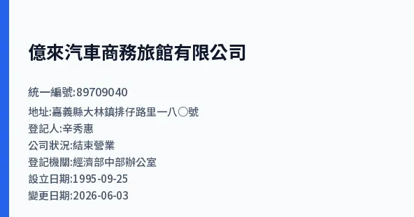 億來汽車商務旅館有限公司的照片-統編 89709040(嘉義縣) 公司登記資料與營業項目詳細圖表
