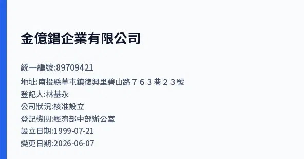 金億錩企業有限公司的照片-統編 89709421(南投縣) 公司登記資料與營業項目詳細圖表
