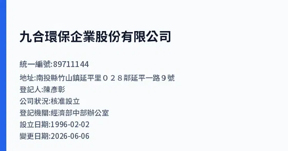 九合環保企業股份有限公司的照片-統編 89711144(南投縣) 公司登記資料與營業項目詳細圖表