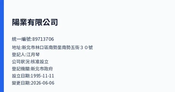 陽業有限公司的照片-統編 89713706(新北市) 公司登記資料與營業項目詳細圖表