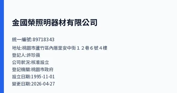 金國榮照明器材有限公司的照片-統編 89718343(桃園市) 公司登記資料與營業項目詳細圖表