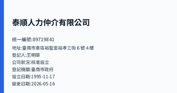 泰順人力仲介有限公司的照片-統編 89719841(臺南市) 公司登記資料與營業項目詳細圖表