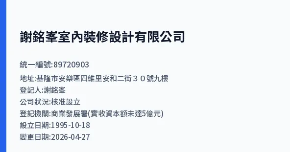 謝銘峯室內裝修設計有限公司的照片-統編 89720903(基隆市) 公司登記資料與營業項目詳細圖表