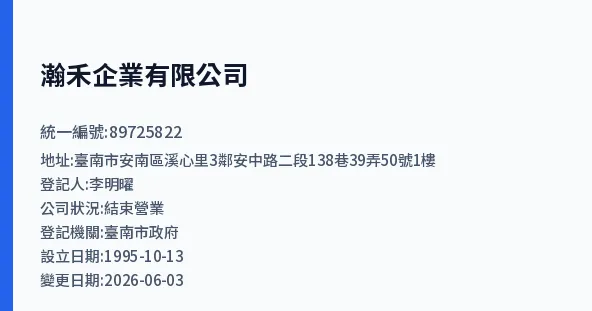 瀚禾企業有限公司的照片-統編 89725822(臺南市) 公司登記資料與營業項目詳細圖表