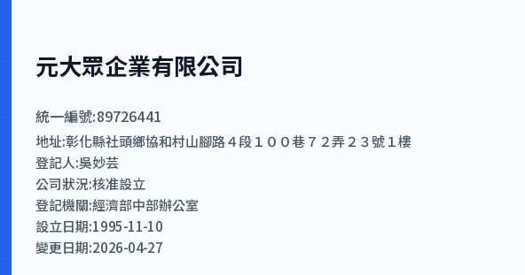元大眾企業有限公司的照片-統編 89726441(彰化縣) 公司登記資料與營業項目詳細圖表