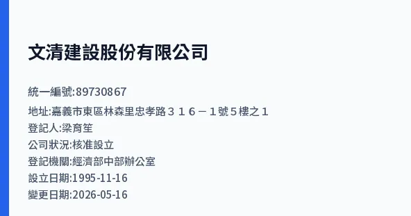 文清建設股份有限公司的照片-統編 89730867(嘉義市) 公司登記資料與營業項目詳細圖表