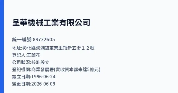 呈華機械工業有限公司的照片-統編 89732605(彰化縣) 公司登記資料與營業項目詳細圖表