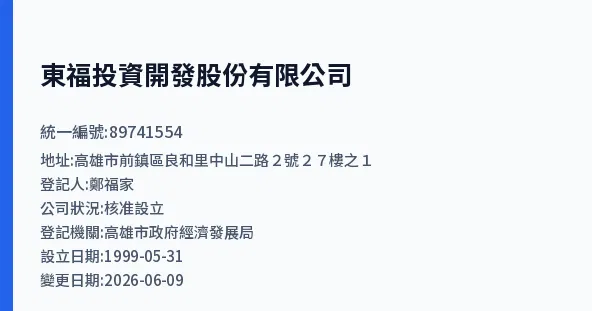 東福投資開發股份有限公司的照片-統編 89741554(高雄市) 公司登記資料與營業項目詳細圖表