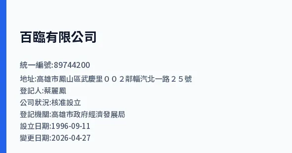 百臨有限公司的照片-統編 89744200(高雄市) 公司登記資料與營業項目詳細圖表