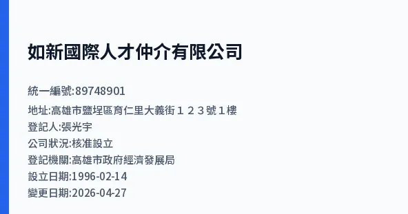 如新國際人才仲介有限公司的照片-統編 89748901(高雄市) 公司登記資料與營業項目詳細圖表