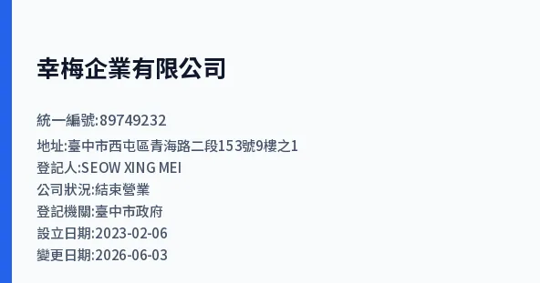 幸梅企業有限公司的照片-統編 89749232(臺中市) 公司登記資料與營業項目詳細圖表