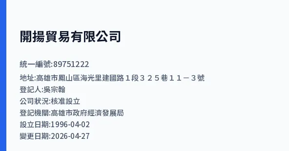 開揚貿易有限公司的照片-統編 89751222(高雄市) 公司登記資料與營業項目詳細圖表
