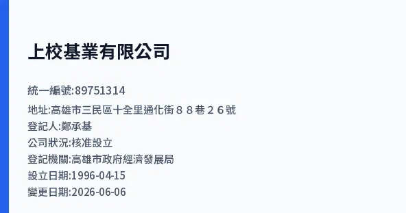 上校基業有限公司的照片-統編 89751314(高雄市) 公司登記資料與營業項目詳細圖表