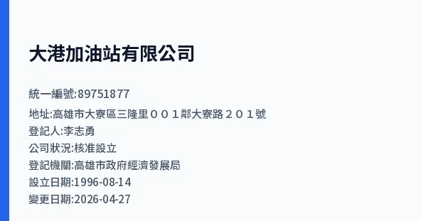 大港加油站有限公司的照片-統編 89751877(高雄市) 公司登記資料與營業項目詳細圖表
