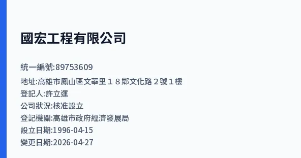 國宏工程有限公司的照片-統編 89753609(高雄市) 公司登記資料與營業項目詳細圖表