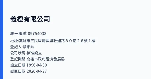 義橙有限公司的照片-統編 89754038(高雄市) 公司登記資料與營業項目詳細圖表