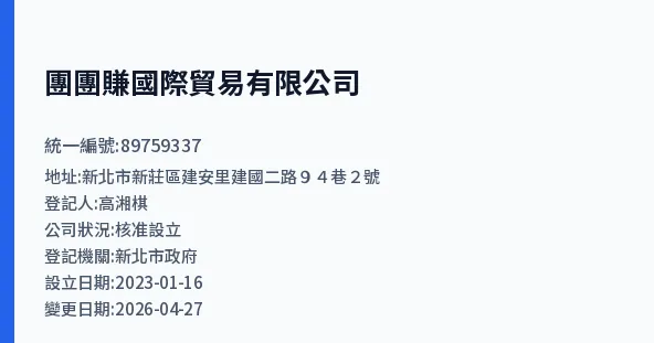 團團賺國際貿易有限公司的照片-統編 89759337(新北市) 公司登記資料與營業項目詳細圖表