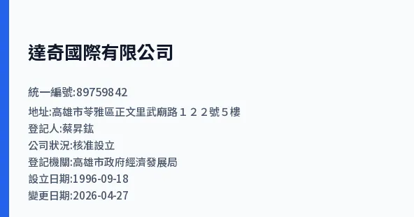 達奇國際有限公司的照片-統編 89759842(高雄市) 公司登記資料與營業項目詳細圖表