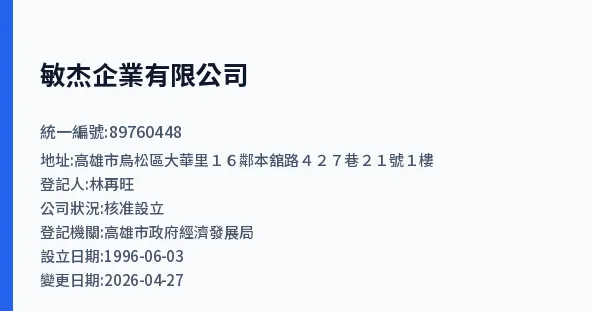 敏杰企業有限公司的照片-統編 89760448(高雄市) 公司登記資料與營業項目詳細圖表