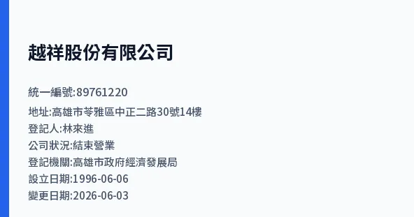 越祥股份有限公司的照片-統編 89761220(高雄市) 公司登記資料與營業項目詳細圖表