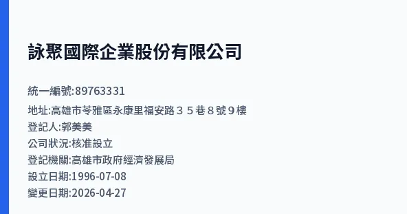 詠聚國際企業股份有限公司的照片-統編 89763331(高雄市) 公司登記資料與營業項目詳細圖表
