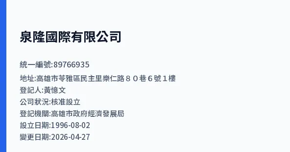 泉隆國際有限公司的照片-統編 89766935(高雄市) 公司登記資料與營業項目詳細圖表